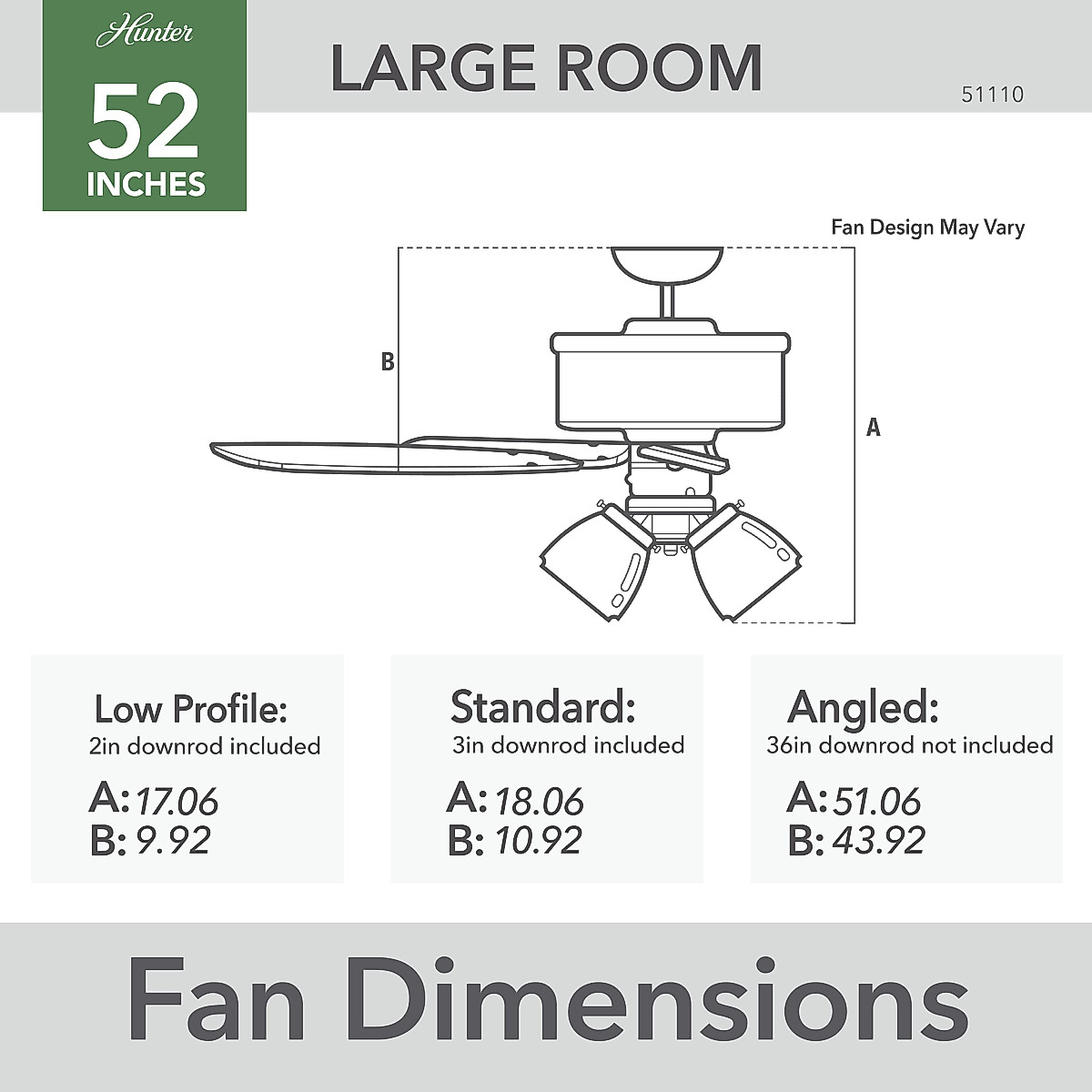 Hunter Fan Company 51110 Builder Indoor Ceiling Fan with LED Light and Pull Chain Control, 52", Matte Silver Finish