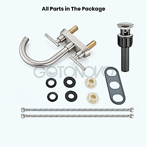 gotonovo 4 Inch Centerset Modern Bathroom Sink Faucet 2 Hole Brushed Nickel Swivel Spout 2-Handle Deck Mounted Lavatory Faucet with Water Supply Lines and Pop Up Drain