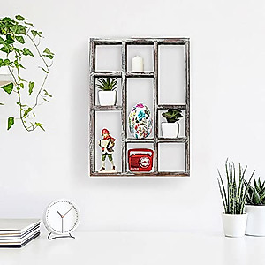 MyGift Rustic Shadow Box, 9-Compartment Torched Wooden Freestanding & Wall Mountable Knickknack Display Shelf, Curio Shelves