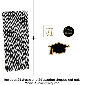 Big Dot of Happiness Gold 2024 Graduation Paper Straw Decor - Party Striped Decorative Straws - Set of 24