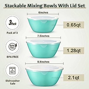 Wehome Mixing Bowls with Lids Set，Plastic Mixing Bowls for Kitchen Preparing，Serving and Storing，Set of 3-Includes 3 Bowls and 3 Lids，BPA-FREE Neat Nesting Bowls with Sealing Lids (Aqua)