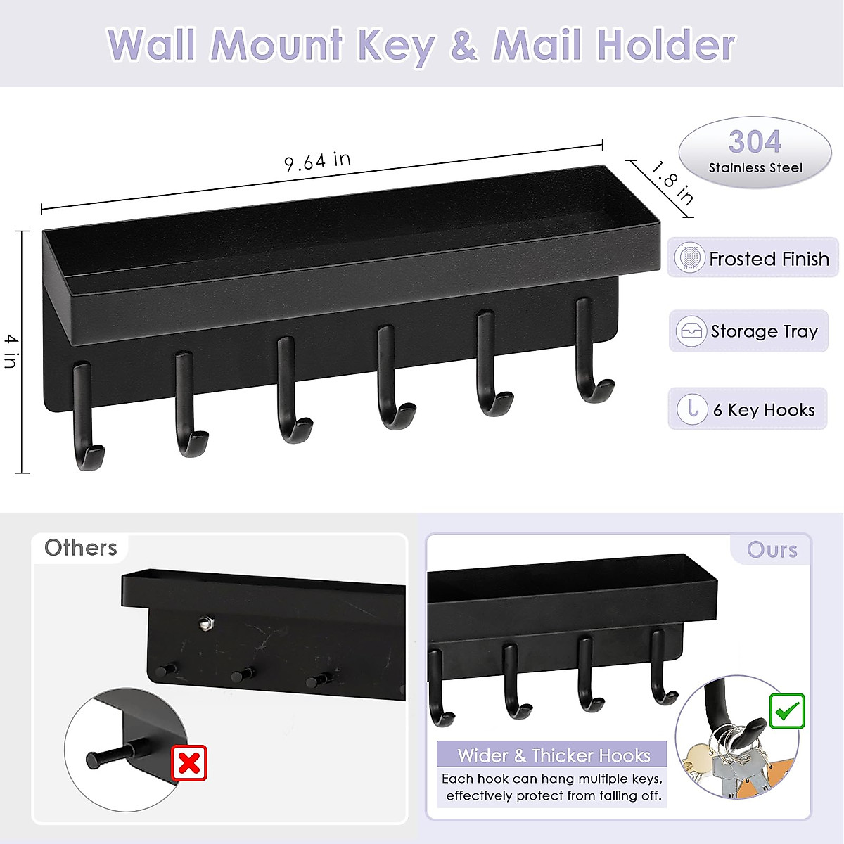 VIS'V Key Holder Wall Mount, Frosted Black Stainless Steel Key Mail Holder Small Key Rack with Tray Adhesive Key Hanger Mail Storge Organizer with 6 Key Hooks for Entryway Hallway Doorway