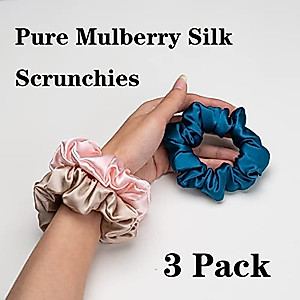Silk Scrunchies for Hair 100% Mulberry Silk Hair Ties 3 Pack(Pink, Peacock Blue, Apricot)