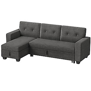 YESHOMY Sofa Bed Reversible Convertible Sleeper Pull Out Couches with Storage Chaise, Linen Fabric Furniture for Living Room, Bedroom, Apartment, Dark Gray