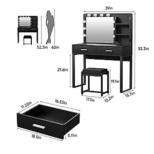 Semiocthome Vanity Desk with Mirror and 10 LED Lights, 39.4"W Makeup Desk with 2 Big Drawers and Side Shelves for Storage, Girl's Dressing Table with Metal Frame, Corner Makeup Table with Chair- Black