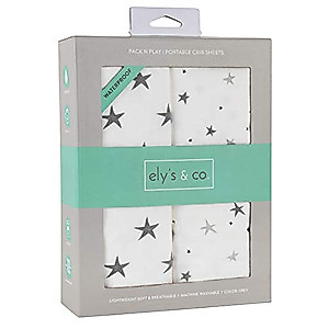 Ely's & Co. Patent Pending Waterproof Pack n Play│Mini Crib Sheet 2-Pack Set for Baby Boy or Baby Girl - 100% Combed Jersey Knit Cotton Sheets with Eco-Friendly Waterproof Lining — Grey Stars