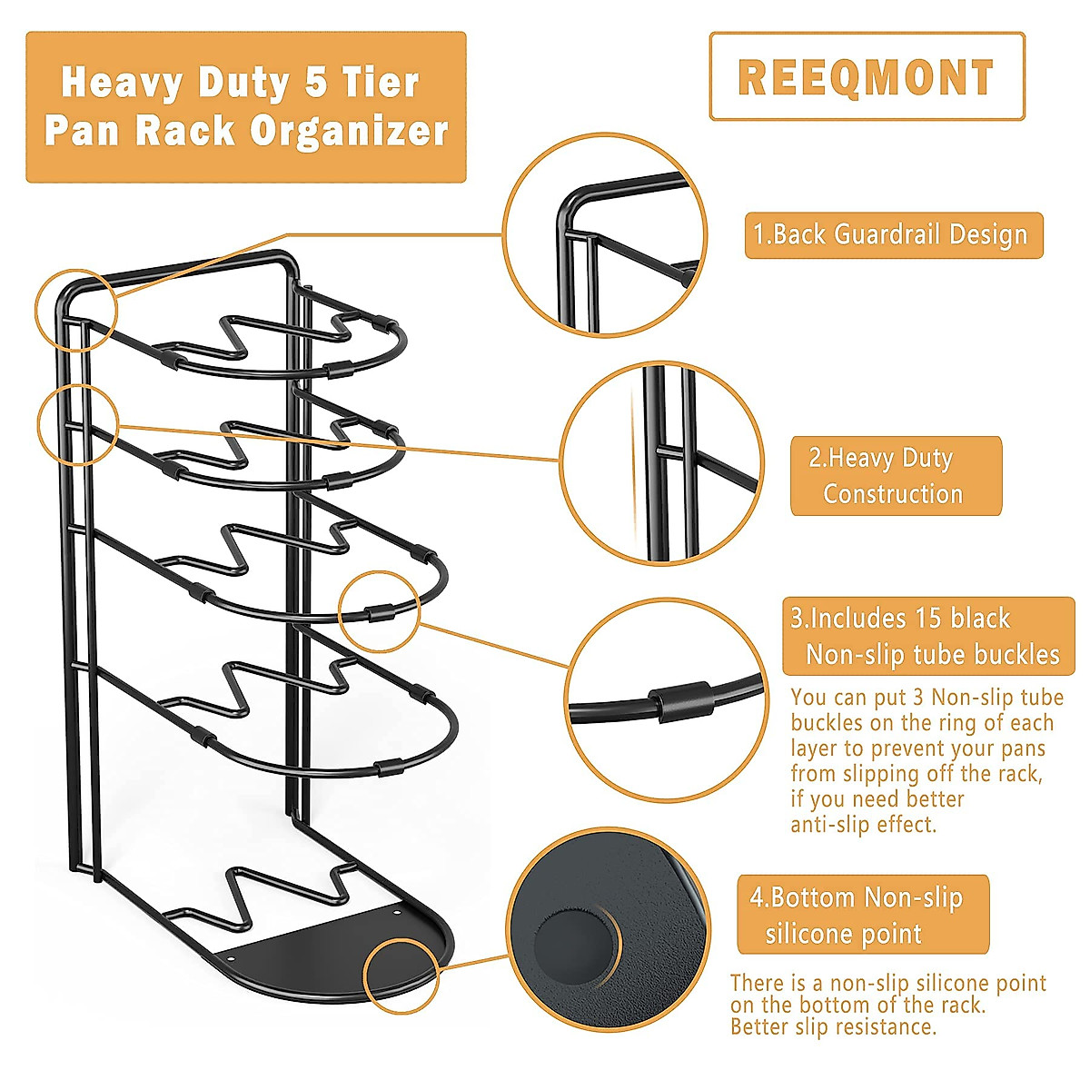 REEQMONT 2 Pack - Heavy Duty Pot Rack Organizer, 5 Tier Pan Rack Holder, Holds Cast Iron Skillets, Dutch Oven, Frying Pan, Griddles - No Assembly Required, 15.9'' H