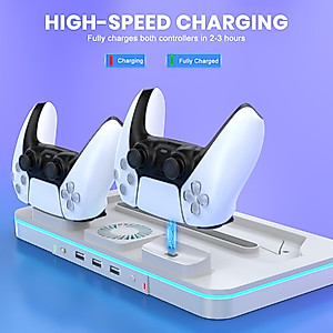 CODOGOY Upgraded PS5 Cooling Stand with Controller Charger, Cooling Station for PS5 Disc & Digital Editions, 2 Levels Adjustable Fans Speed, PS5 Charging Docking Station with 3 USB Ports (White)