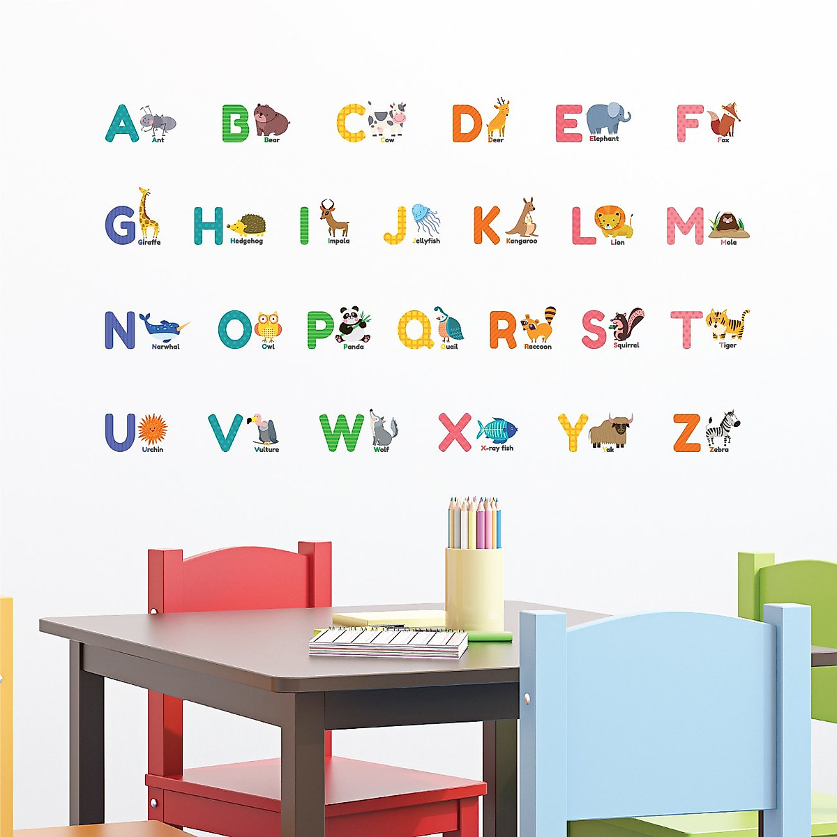 DECOWALL DS-8014 Colourful Animal Alphabet ABC Kids Wall Stickers Wall Decals Peel and Stick Removable Wall Stickers for Kids Nursery Bedroom Living Room (Small) décor