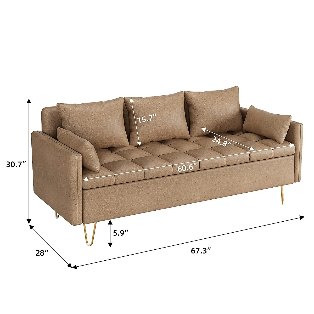 Senfot Sofa Couch Faux Leather 3-Seater Sofas with Hand Stitched Comfortable Cushion, Modern Design with Gold Metal Legs and Lift-Up Storage for Living Room in Light Brown