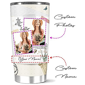AizelMae Personalized Coffee Tumbler, Customized Name Text, Lovely Flower Photo Picture Frame Tumblers, Design Your Own Travel Mugs, Gifts For Women Men On Birthday, 20 30 Oz Stainless Mug Cup