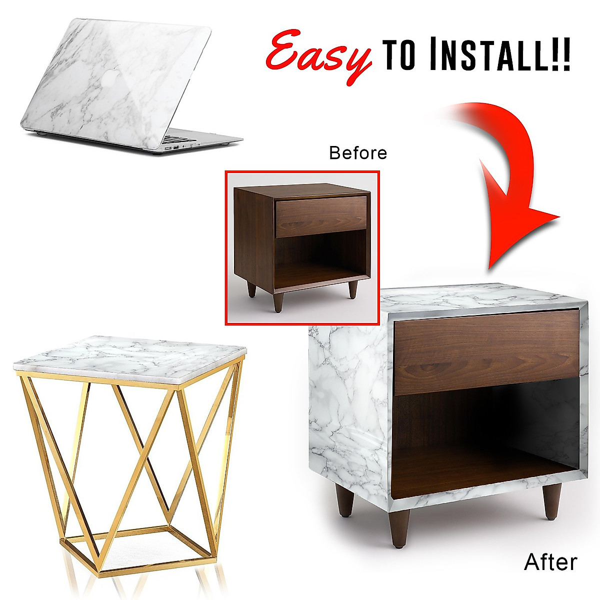 Craftopia Adhesive Craft Vinyl Roll | White Marble Vinyl, Bamboo, Wood Grain | Various Sizes & Designs (White/Gray Marble Vinyl Adhesive Pack of 5).