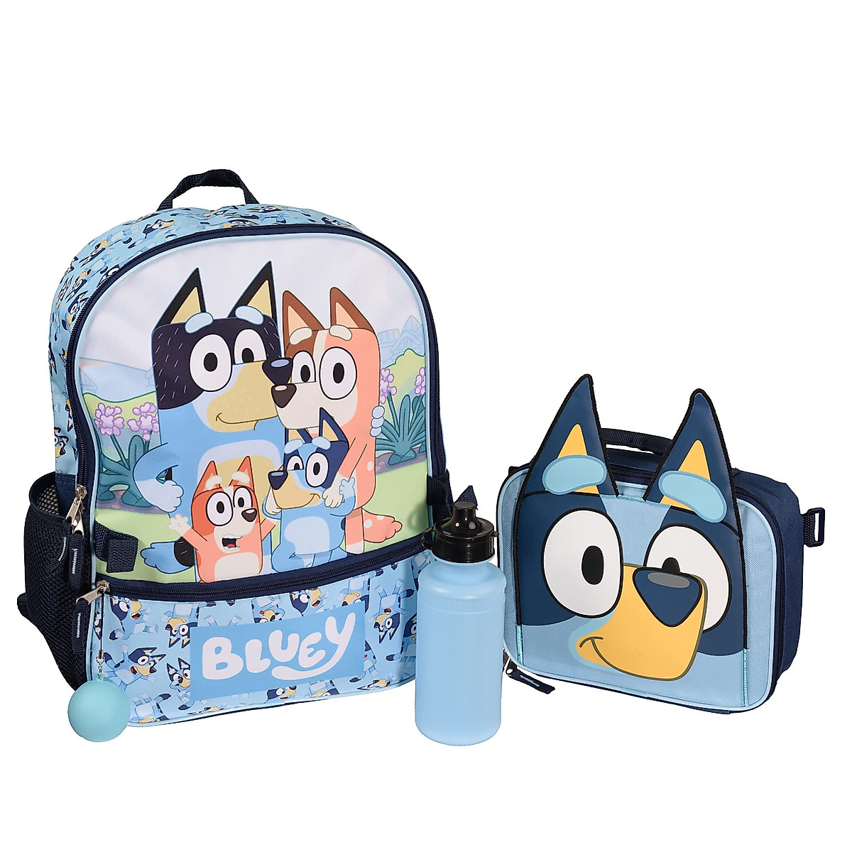 Bluey Girls & Boys Toddler 4 Piece Backpack Set for Kindergarten , School Bag with Front Zip Pocket, Mesh Side Pockets, Insulated Lunch Box, Water Bottle, and Squish Ball Dangle