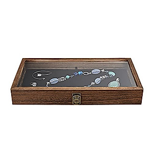 MOOCA Wooden Jewelry display case with Tempered Glass Top Lid, Brown Color