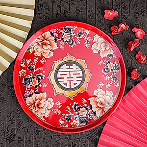 Cabilock Serving Platter Chinese Food Tray Red Wedding Serving Tray Fruit Plate Fruit Tray Snack Storage Holder for Home Kitchen and Wedding Snack Tray Round 13X2. 9inch Chinese Candy Boxes