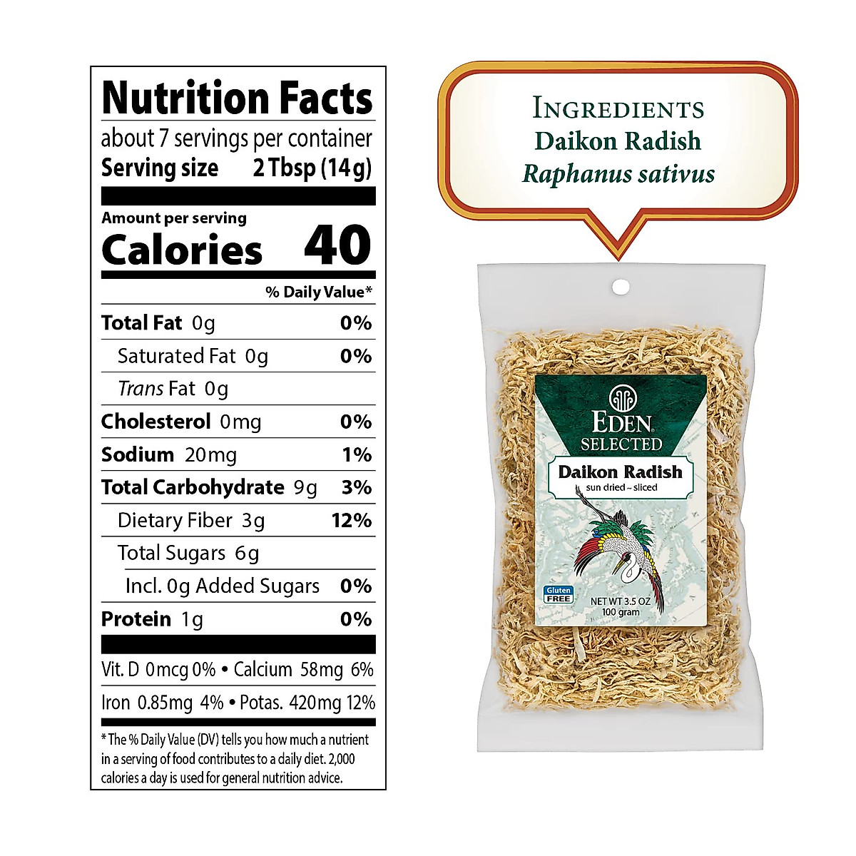 Eden Daikon Radish, Sun Dried and Finely Sliced, Traditionally Made in Japan, 3.5 oz