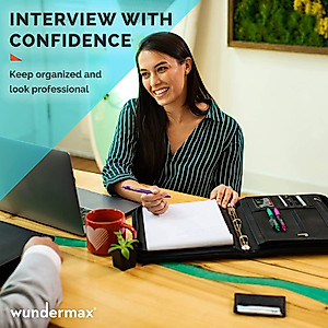 Wundermax Portfolio Binder - 13 x 10.7 x 1.9 Inch, Vegan Leather, 3-Ring Padfolio for Women and Men w/Handle, Zipper, Notepad, Detachable Binder and Pockets for Tablet, Resume and Documents - Black