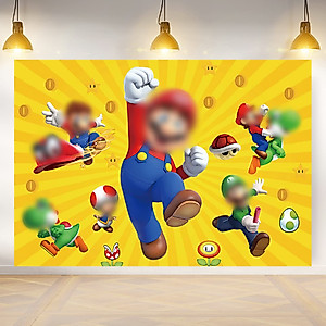 Super Brother Backdrop Cartoon Yellow Background Decoration Boy Gold Coin Video Game Adventure Kart Theme Party Super Bros Uncle Mushroom Birthday Banner Shooting Supplies (7x5FT(210x150cm))