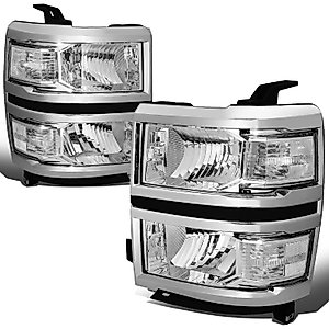 Auto Dynasty [Halogen Model] Factory Style Headlight Lamps Assembly Compatible with Chevy Silverado 1500 14-15, Driver and Passenger Side, Chrome Housing Clear Lens