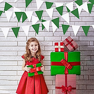 32Ft Green and White Banner Party Decorations Triangle Flag Fabric Banner Cotton Pennant Bunting Garland for Christmas Wedding Birthday Home Nursery Outdoor Garden Hanging Festivals Decoration