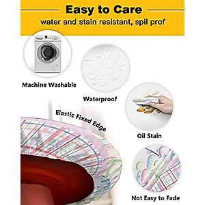 Easter Egg Round Tablecloth Fitted Table Cover,Elastic Tablecloths Waterproof Outdoor Indoor Stretch Cloth Tablecover for Dinner,Colored Egg Spring Holiday Cotton Pink Purple Buffalo Plaid 45-54IN