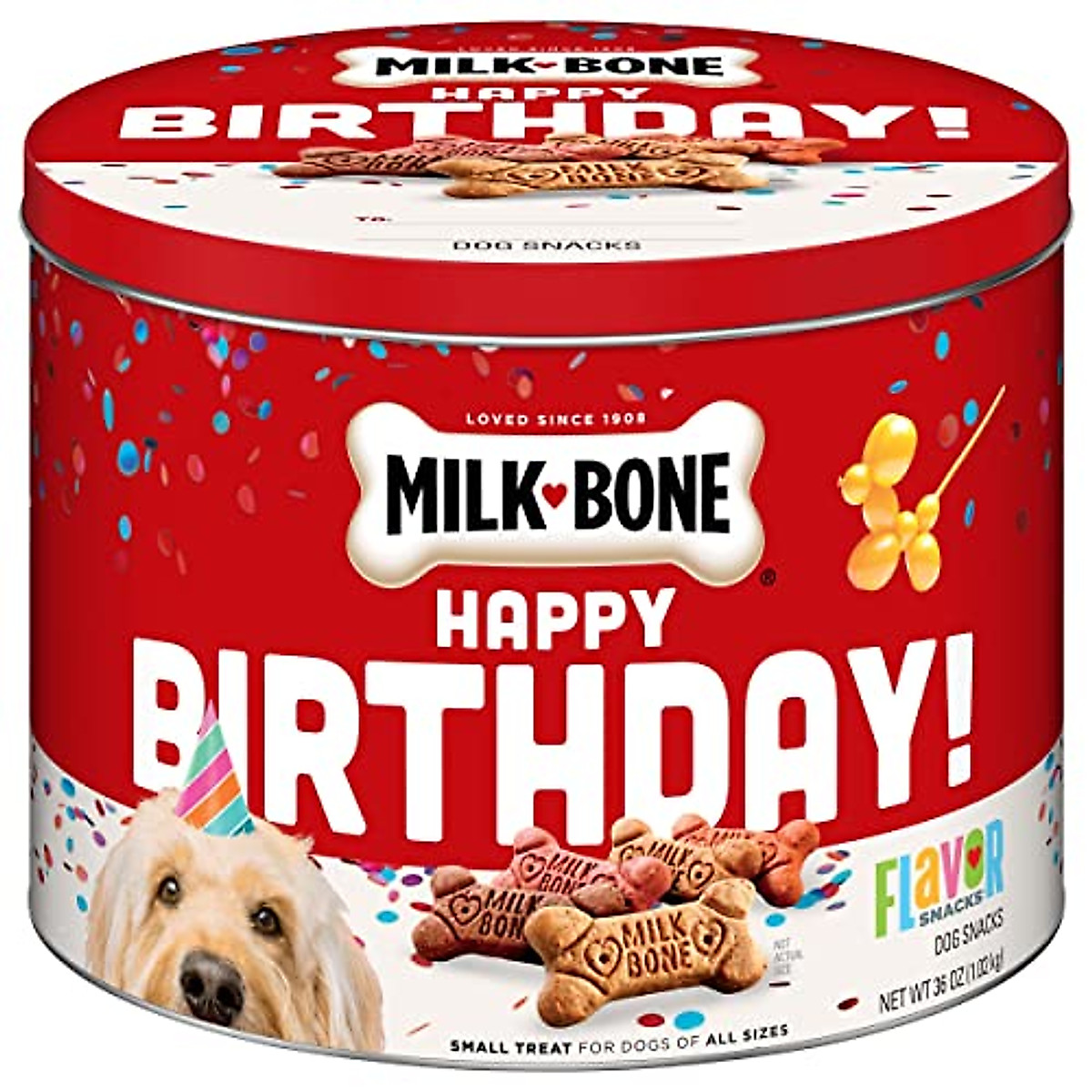 Milk-Bone Flavor Snacks Dog Birthday Treats, Small Biscuits, 36 oz. Tin