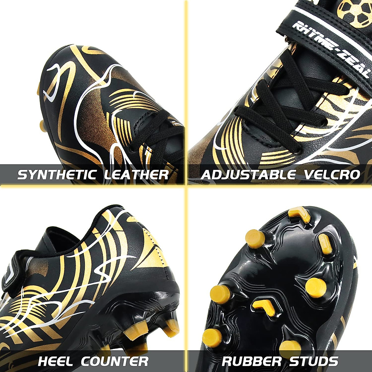 Rhyme-Zeal Girls Cleats Soccer Boys Soccer Shoes Firm Ground Professional Football Shoes Black Gold 3.5 Big Kids