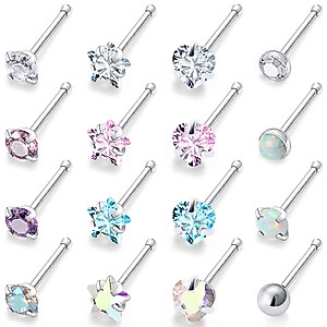 Lsnevsie Nose Rings Studs for Women 20G 316L Surgical Stainless Steel Straight Silver Opal Hypoallergenic Star Heart Nose Nostril Stud Ring Pin Bone Body Piercing Jewelry for Men Diamond CZ 2mm 3mm