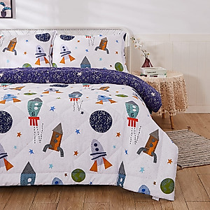 Brandream Kids Bedding Set Twin Size Space Boy Girl Cotton Comforter Set Space Rocket Galaxy Bedroom 3-Piece
