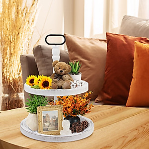 Rustic Tiered Serving Tray, Farmhouse Decorative Wooden Two Tiered Trays, Wooden 2 Tier Tray Stand for Table Kitchen Coffee Macaron Plate Cakes Dessert Fruit(Stand+Beeds)