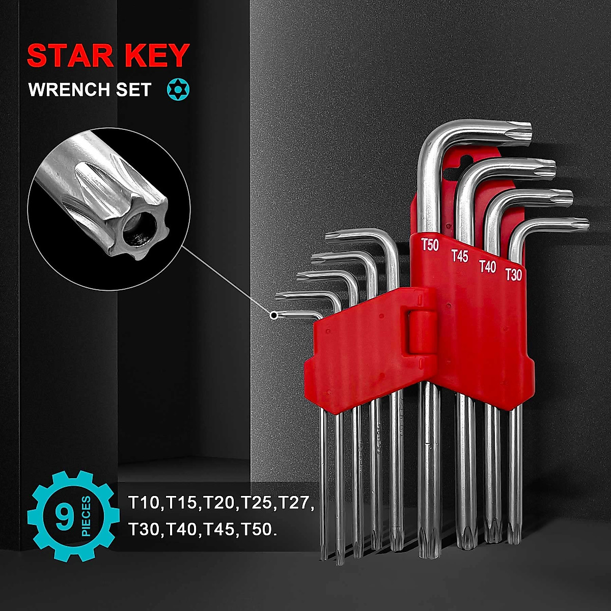 HAUTMEC Star Key Wrench Set, 9-Piece Torx Star Wrenches- Chrome Vanadium Steel and Drilled tips for Tamper Resistant Fasteners, HT0222-SS