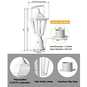 FUDESY Dusk to Dawn Outdoor Post Light, White Modern Exterior Post Lantern with Pier Mount Base, Plastic Waterproof Lamp Light Fixture for Garden Yard Patio Pathway, LED Bulb Included
