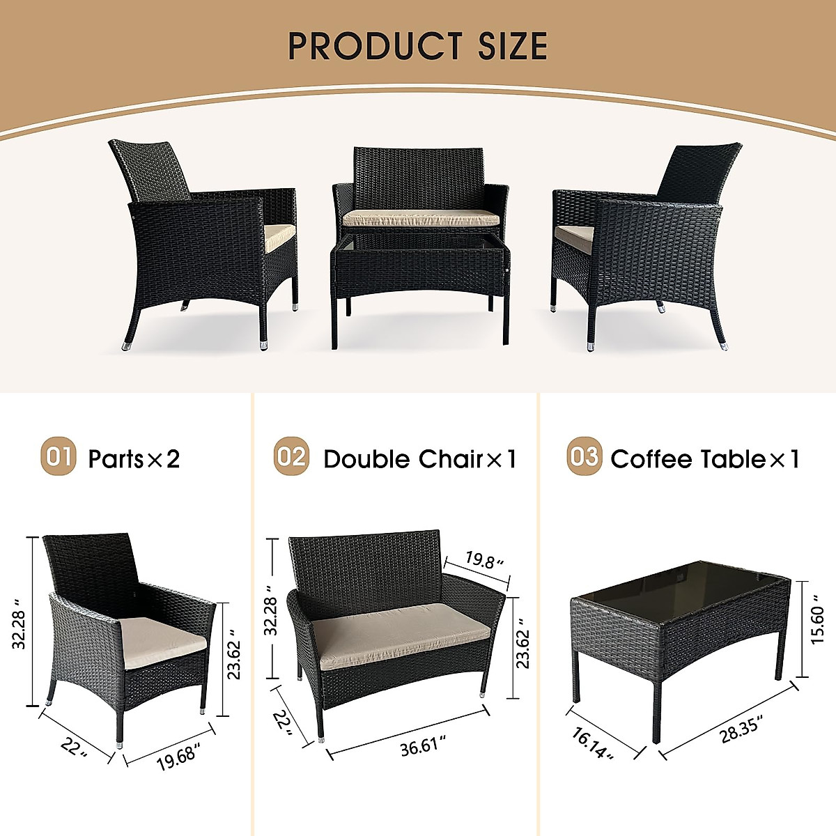 Peacabo 4 Piece Patio Furniture Set Sectional Table Chair, Wicker Sofa with Armrest Chair Loveseat and Rattan Side Table, Outdoor Conversation Sets for Garden Lawn Pool or Backyard, Coffee/Beige