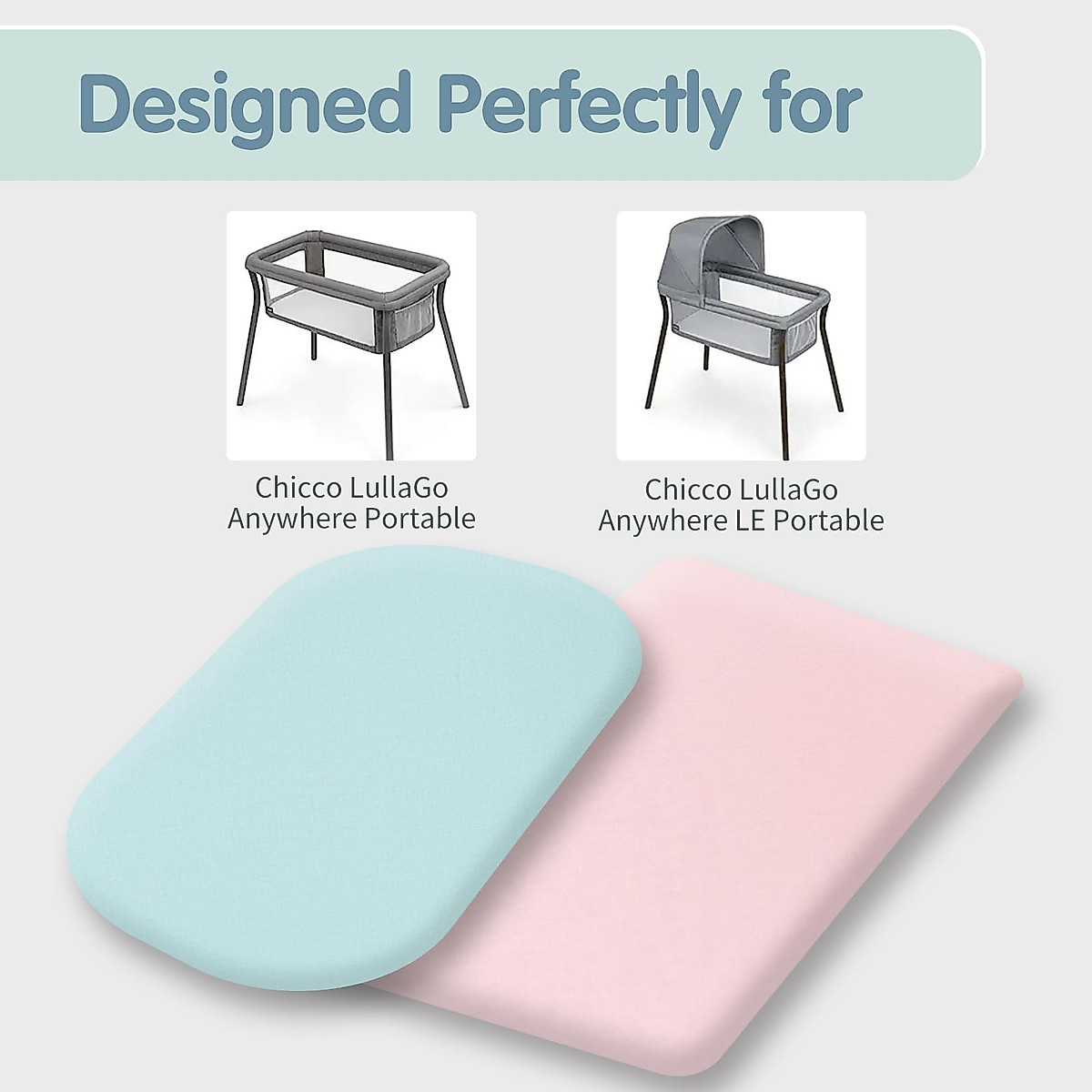 MEILA Bassinet Fitted Sheets Compatible with Chicco LullaGo Anywhere Portable | LE Bassinet, 100% Jersey Cotton Beside Bassinet Sheet for Baby Girl, Pack of 2, 32x16 (Light Pink+Lilac)