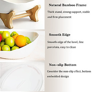 KOXAME 2 Tire Fruit Bowl, Large Fruit Basket for Kitchen Counter, Ceramic Berry Basket with Bamboo Stand, Use for Fruit and Vegetable Storage, Snacks Desserts Nuts Bread Candy Tray Holder, White