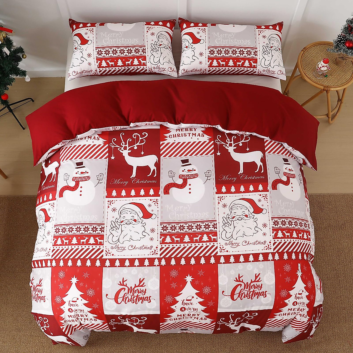Dintszyayue Christmas Duvet Cover Set King, Festival Reindeer Pattern Comforter Cover with Zipper Closure, 3 Pieces Lightweight Patchwork Bedding Set with 2 Pillow Shams 103"×90"