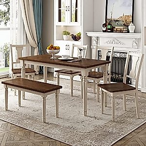 KoiHome 6-Piece Classic Wood 4 Chairs with Bench, East-West Family Furniture Dining Table Set for Restaurant, Kitchen (Brown+Cottage White)