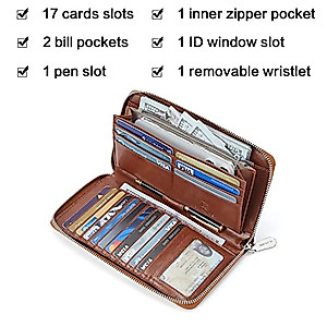 BOSTANTEN Leather Wallet for Women RFID Blocking Zip Around Credit Cards Holder Phone Clutch Brown