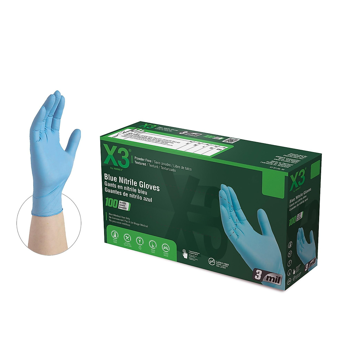 X3 Industrial Blue Nitrile Gloves, Box of 100, 3 Mil, Size X-Large, Latex Free, Powder Free, Textured, Disposable, Non-Sterile, Food Safe, X348100BX
