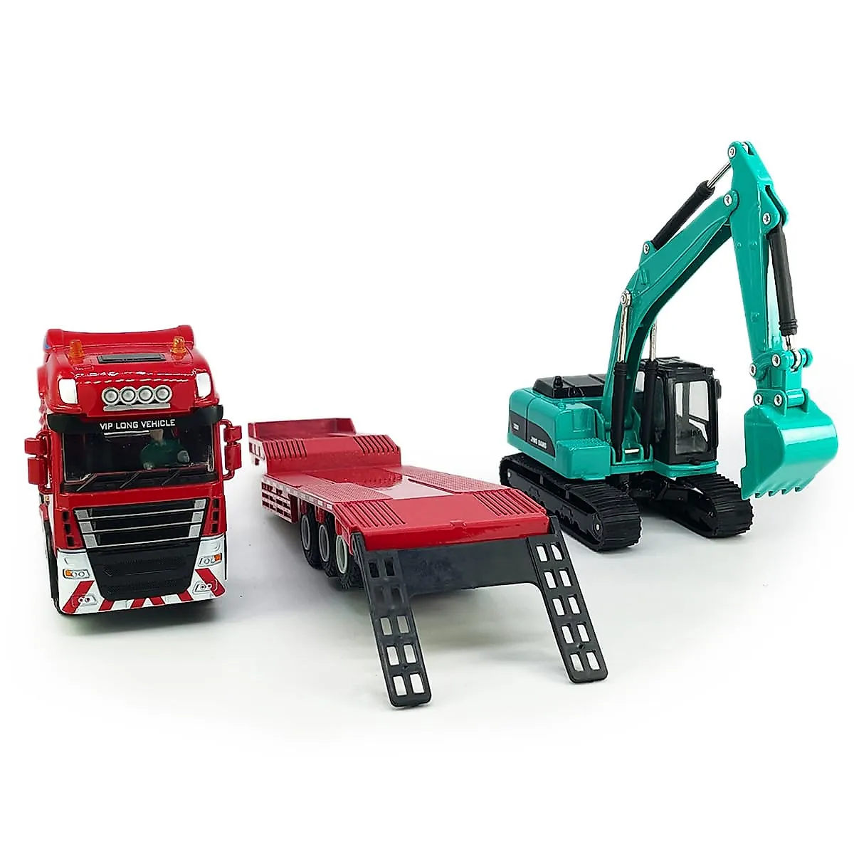 Flatbed Truck Toy with Crawler Excavator Toy Tractor Semi Tow Truck Transport Trailer Metal Diecast Construction Vehicles 2 in 1 Vehicle Playset Friction Powered Toy Trucks for Boys Kids Gift, red