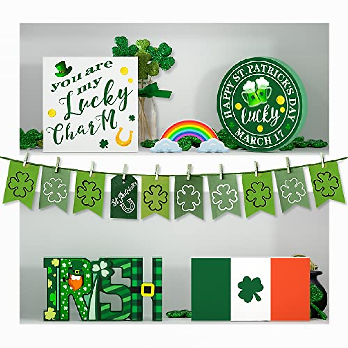 St. Patrick's Day Tiered Tray Decor, 5 Pcs Shamrock Wooden Signs Irish Rainbow Table Signs for Farmhouse St. Patricks Day Decorations