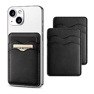 Phone Card Holder for Back of Phone, Leather Phone Wallet Stick On for iPhone and Samsung Smartphones, Credit Card Holder Phone Case Compatible with iPhone, Android Cell Phone (2Pack Black)