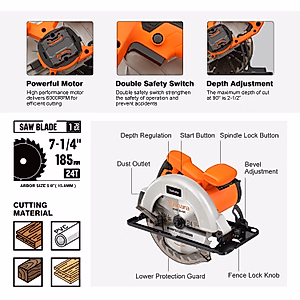 Yunirvana 11 Amp Corded Circular Saw with Circular Saw Blade, 6000RPM, Adjustable Cutting Depth, 7-1/4 Inch Blade, Ideal for Wood and Plastic Cuts, Professional Carpentry Tool for Precision Cutting