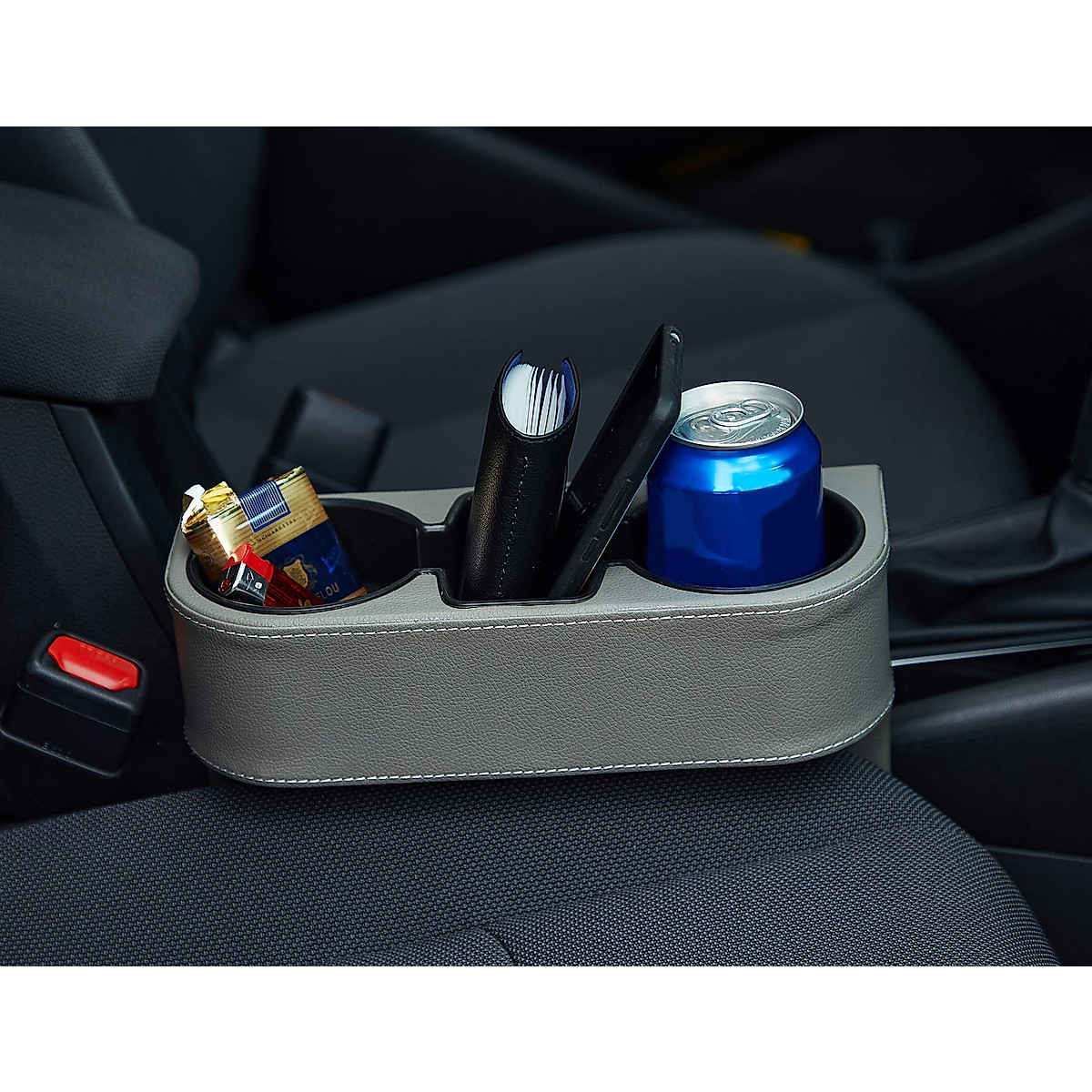 IOKONE Coin Side Pocket Console Side Pocket Leather Cover Car Cup Holder Auto Front Seat Organizer Cell Mobile Phone Holder (Gray)