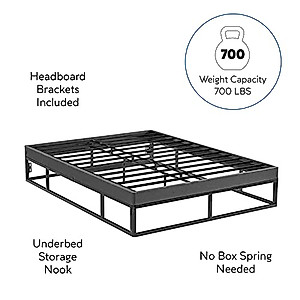 Classic Brands Capri Black Metal Platform Bed Frame with Built-in Grey Upholstered Mattress Foundation, Queen