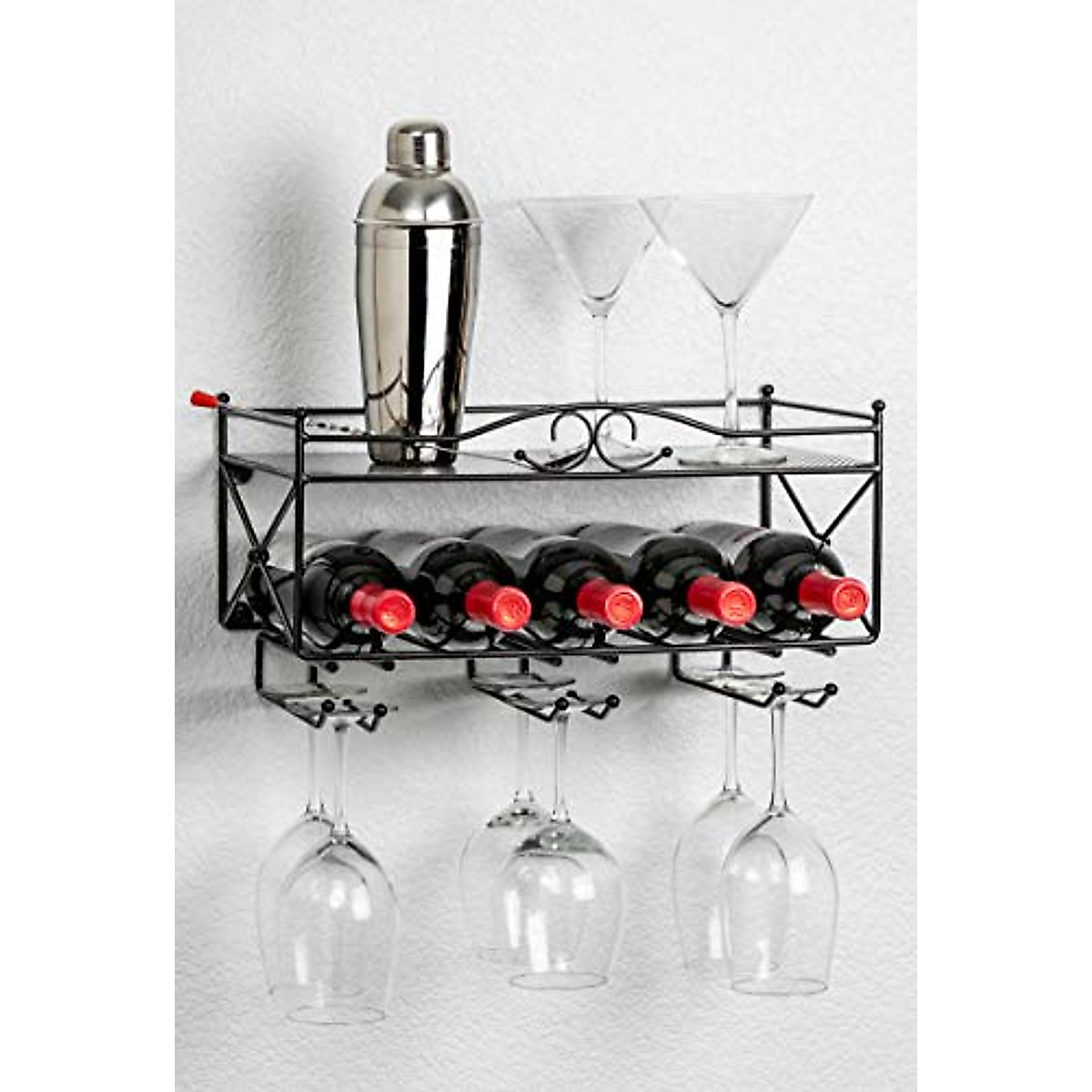 Mango Steam 2 Tier Wall Mounted Wine Rack with Stemware Holder - for Kitchen, Bar, & More