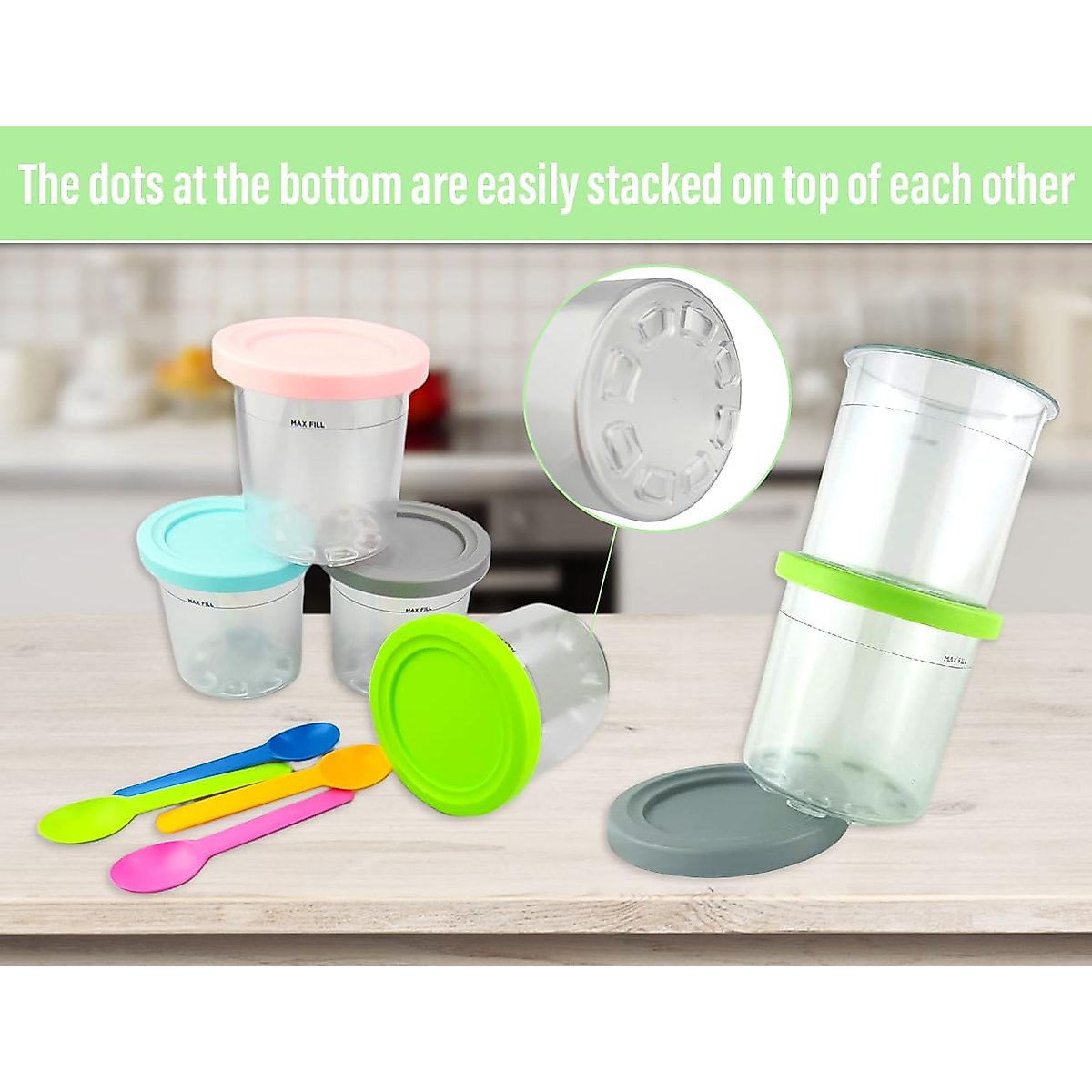 Litex Ninja Creami Pints 4 Pack，Creami Pints and Lids for Ninja，Smoothie Pot Compatible with NC299AMZ & NC300s Series Creamer Ice Cream Maker Machine，Dishwasher Safe, W/ 4X Spoon, 1 Marker and Sticker