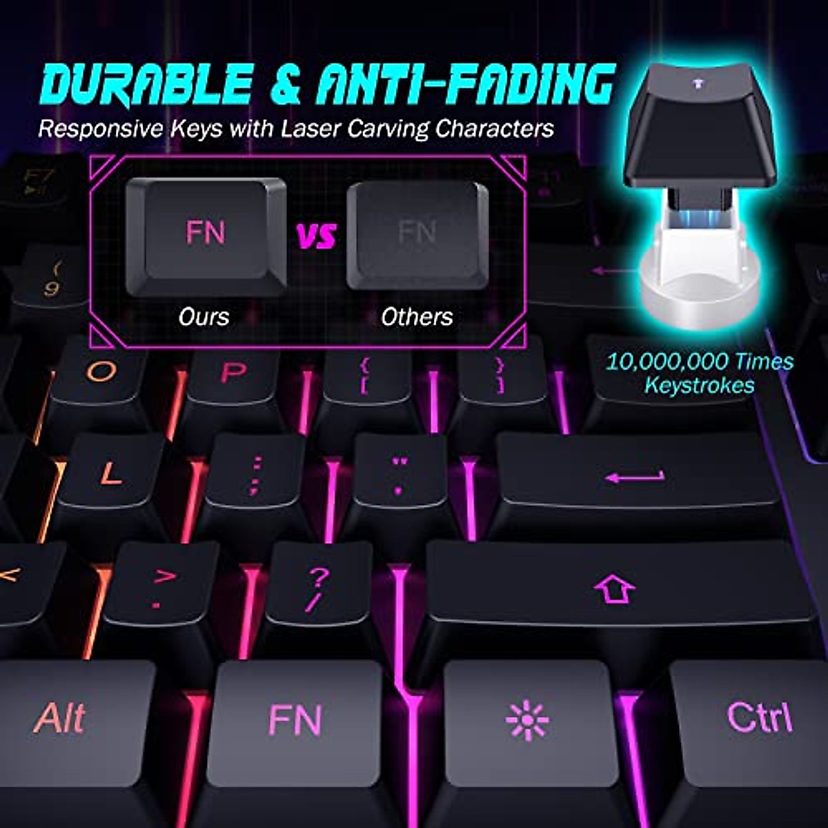 yesbeaut Gaming Keyboard, 7-Color Rainbow LED Backlit, 104 Keys Quiet Light Up Keyboard, Wrist Rest, Whisper Silent, Anti-ghosting Multimedia Keys, Waterproof USB Wired Keyboard for PC Mac Xbox