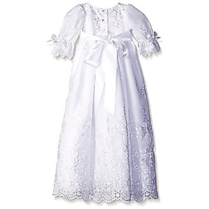Swea Pea & Lilli Long White Embroidered Organza Baby Girl Christening Baptism Special Occasion Newborn Dress Gown with Matching Hat - L (12-18 Month, 18-22 lbs)