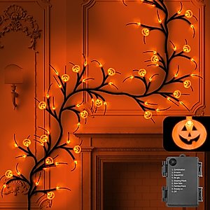 BOLWEO Halloween Willow Vine Twig Garland Lights, 6ft Pumpkin Lights Battery Operated with Timer 8 Modes Waterproof Halloween Decorations for Wall Window Door
